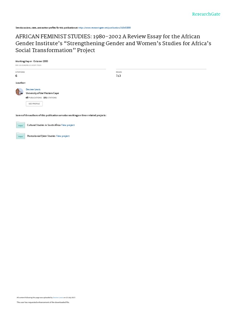 African Feminist Studies Desiree Lewis | PDF | Feminism | Gender Studies