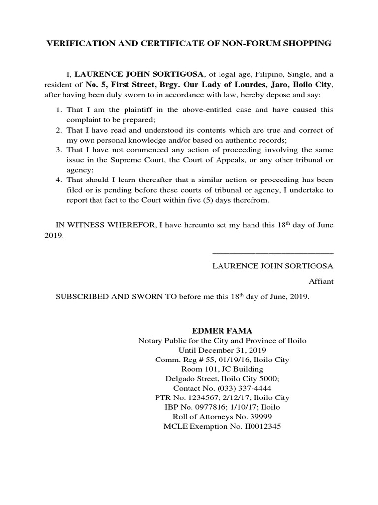 Verification And Certificate Of Non-Forum Shopping: Edmer Fama