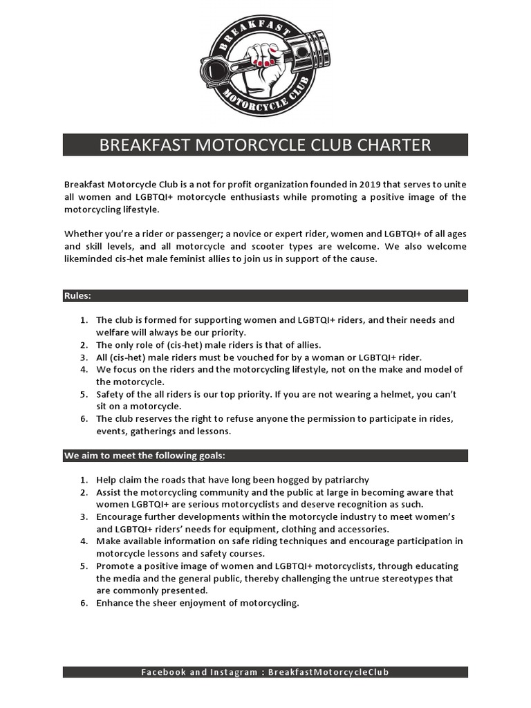 Breakfast Motorcycle Club Charter | PDF