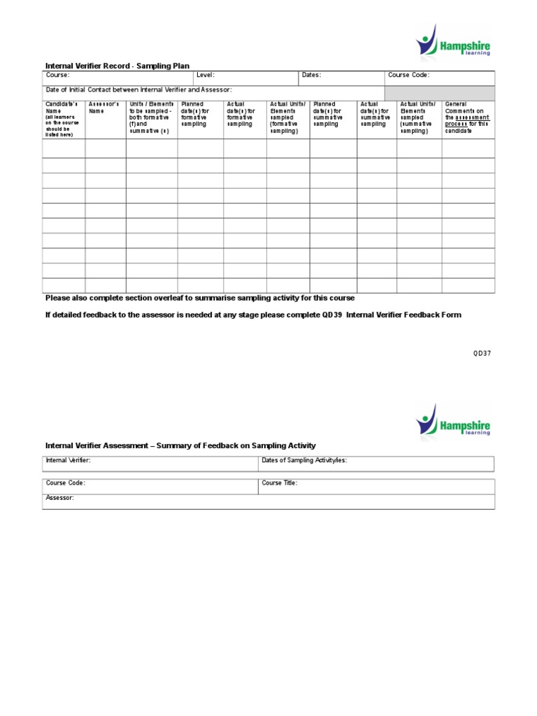 Internal Verifier Record - Sampling Plan | PDF | Learning | Behavior ...