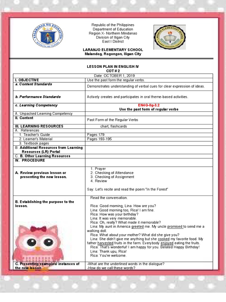 Semi Detailed Lesson Plan in English 4 - Cot | PDF | Consonant | Teachers
