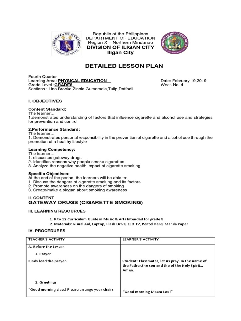 Detailed Lesson Plan Pe (Health) | PDF | Tobacco Smoking | Addiction