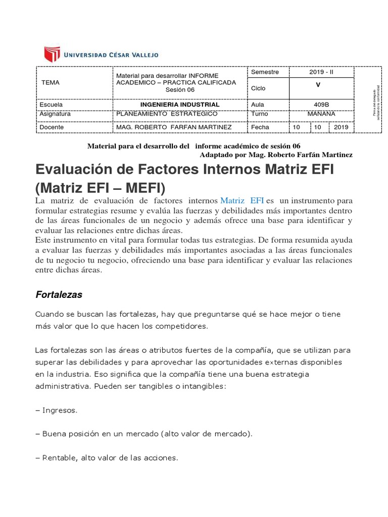 Evaluación de Factores Internos Matriz EFI (Matriz EFI - Mefi) | PDF | Análisis FODA | Marketing