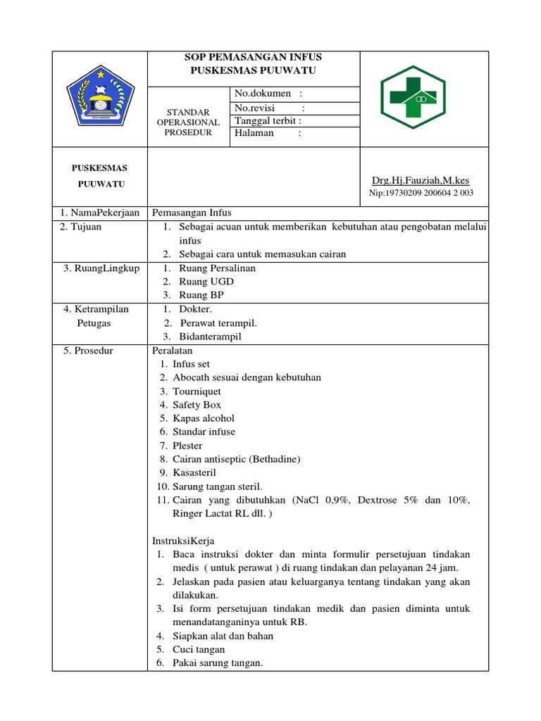 Sop Pemasangan Infus Puskesmas Puuwatu | PDF