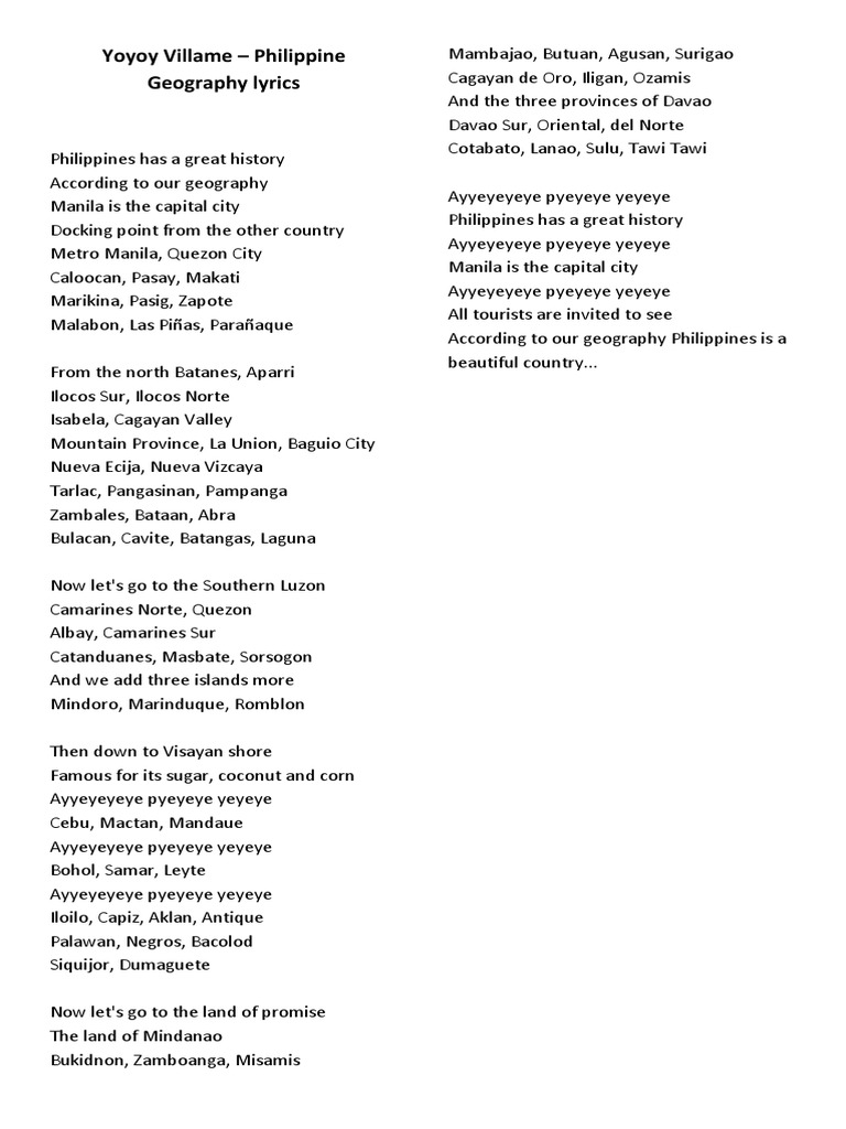 Yoyoy Villame - Philippine Geography Lyrics | PDF