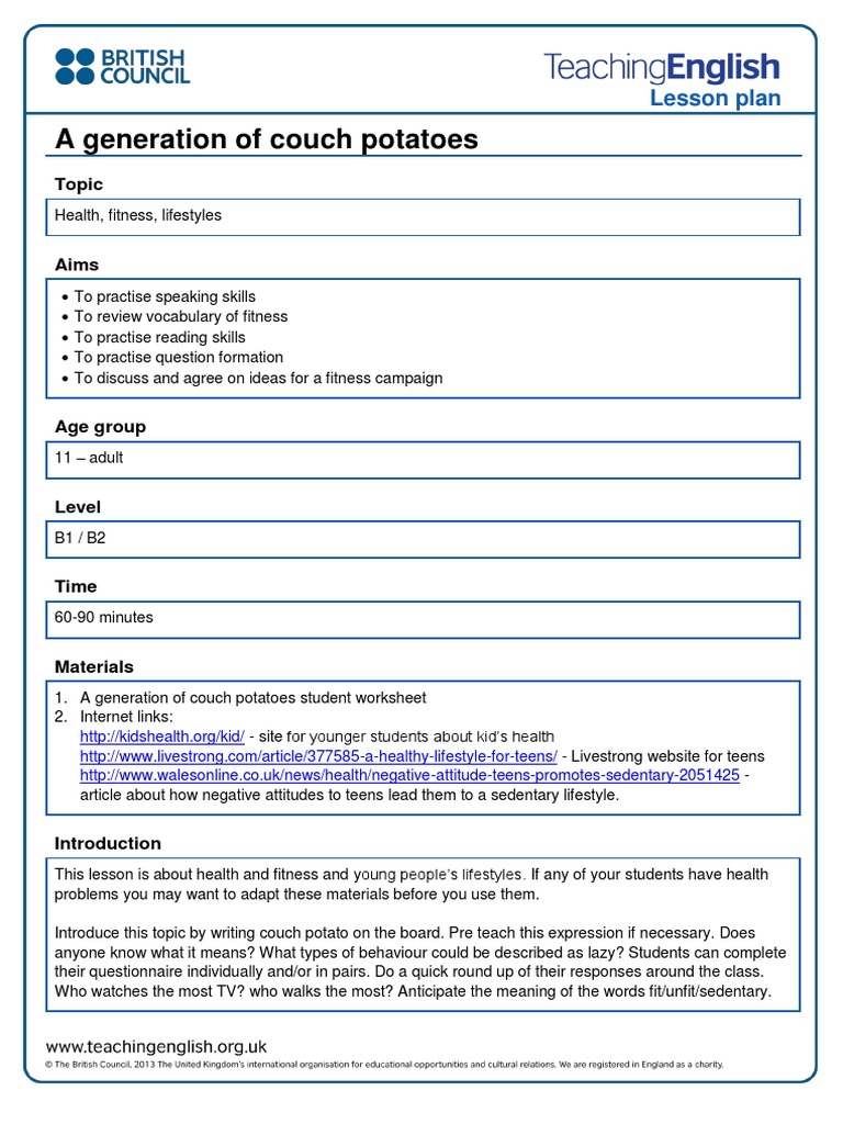 A Generation of Couch Potatoes Lesson Plan PDF | Download Free PDF ...