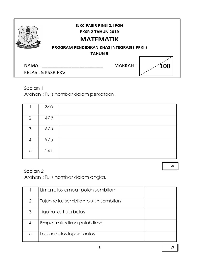 Latihan Matematik PPKI Tahun 5 | PDF | Metode & Bahan Ajar