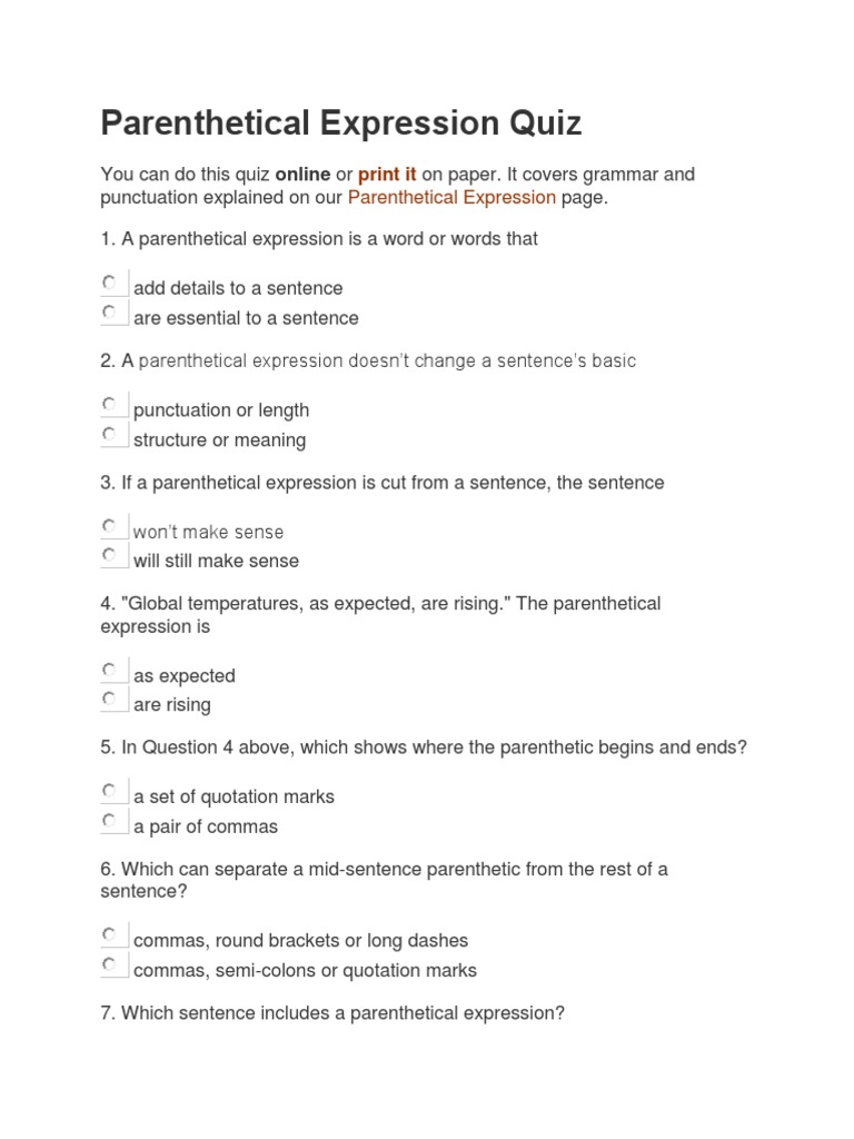 Parenthetical Expression Quiz | PDF