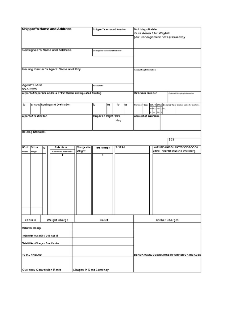 Shipper"s Name and Address: Not Negotiable Guía Aérea / Air Waybill ...