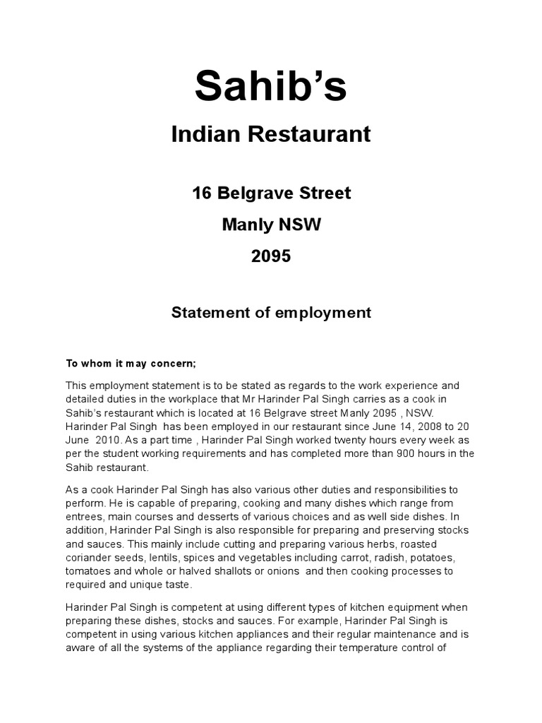 Work Experience Letter From Restaurant | PDF | Grilling | Lamb And Mutton