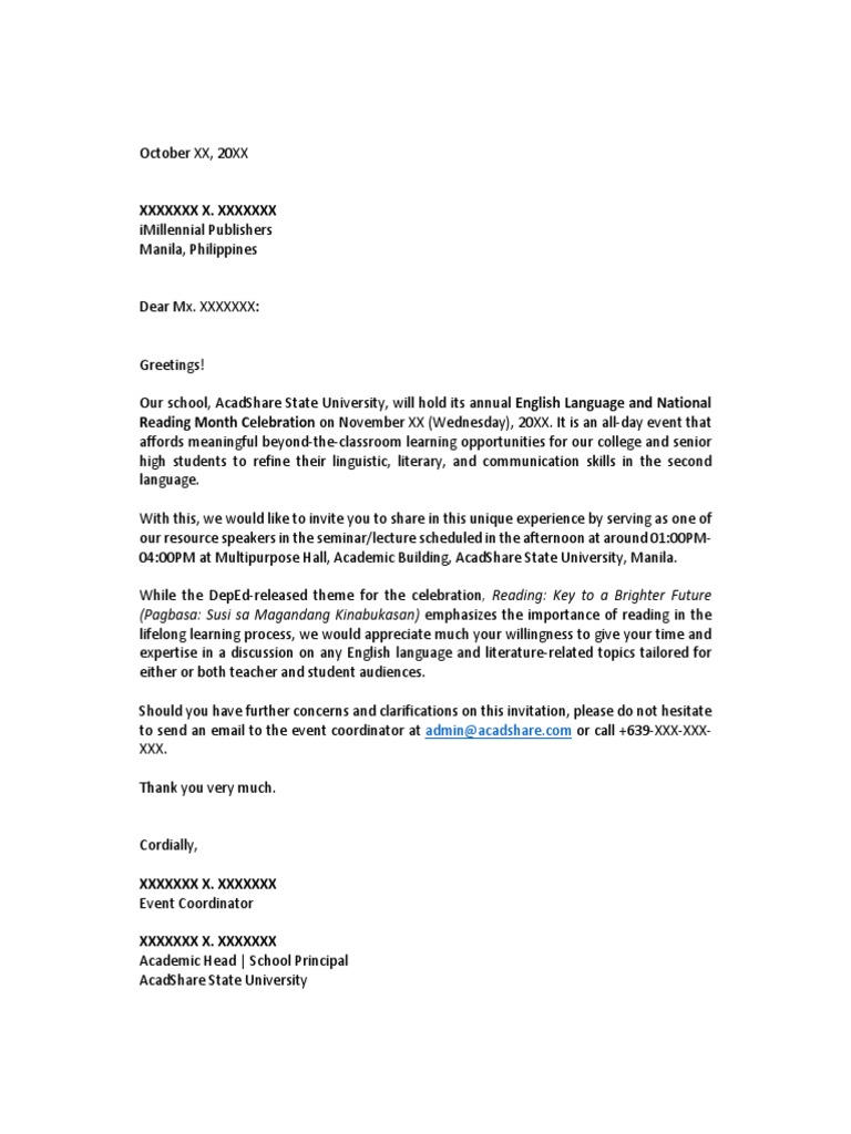 Sample Invitation Letter For Resource Speakers Seminar | PDF