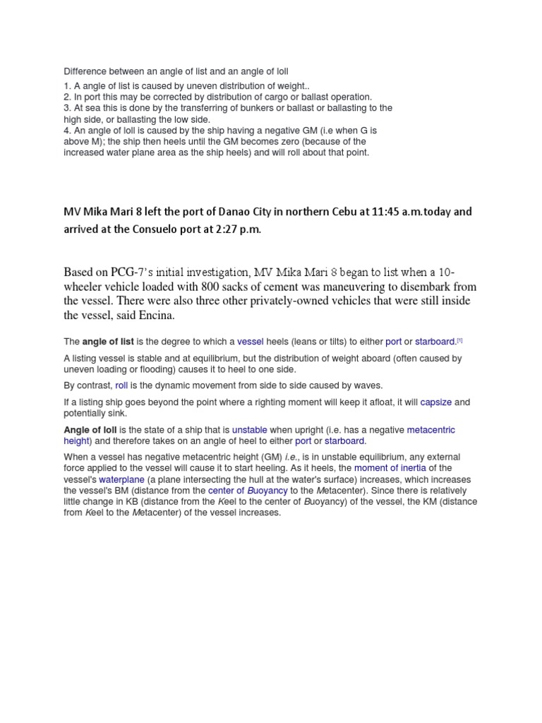 Difference Between An Angle of List and An Angle of Loll | PDF