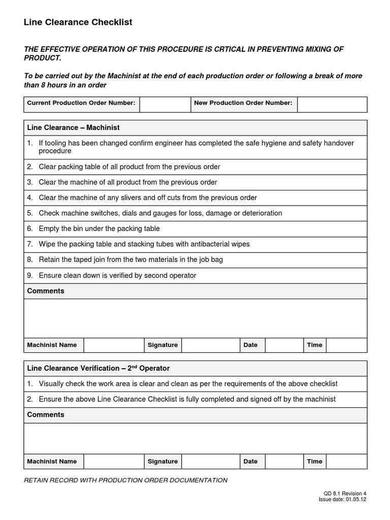 Line Clearance Checklist | PDF