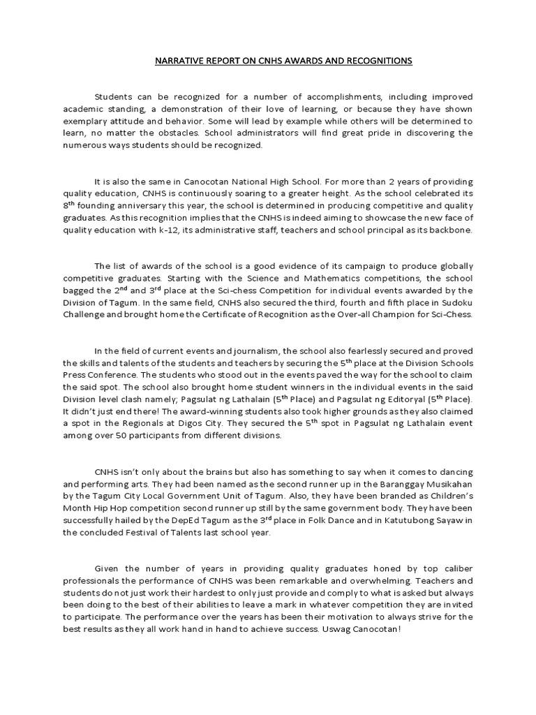 Narrative Report School Awards | PDF | Behavior Modification | Learning