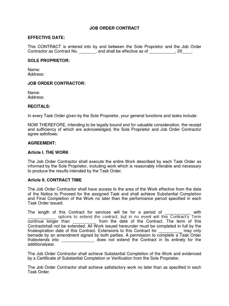 Sample Job Order Contract | PDF | Sole Proprietorship | Employment