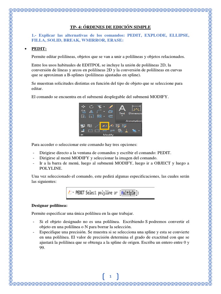 1.-Explicar Las Alternativas de Los Comandos: PEDIT, EXPLODE, ELLIPSE, Filla, Solid, Break ...