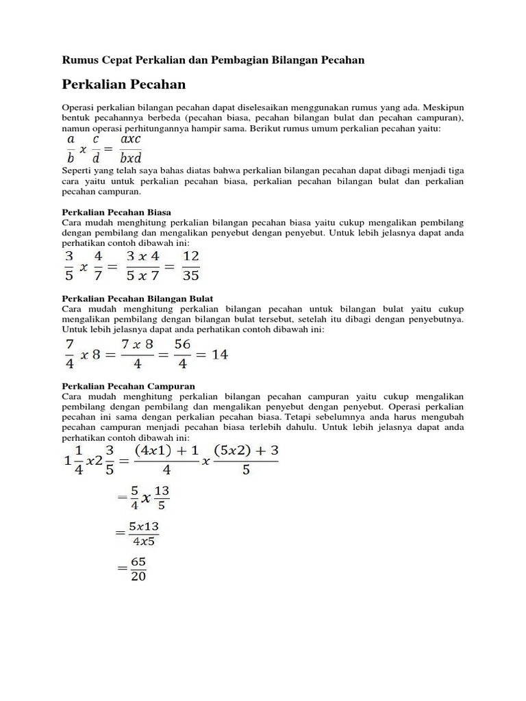 Rumus dan Contoh Perhitungan Perkalian dan Pembagian Pecahan | PDF
