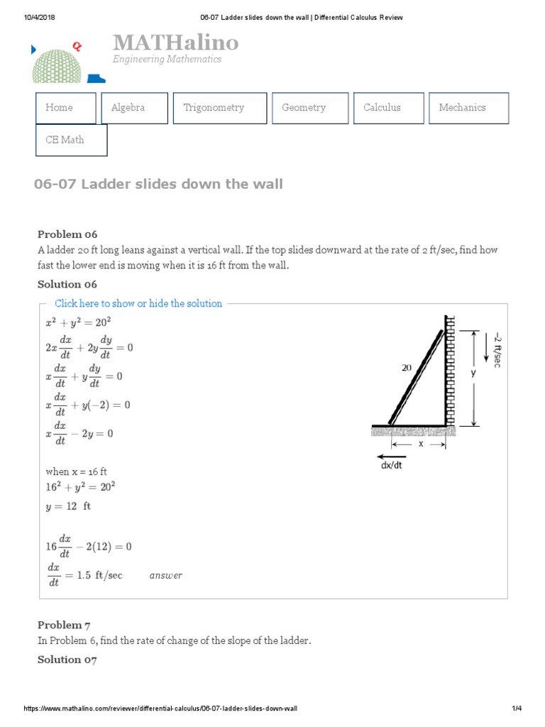 06-07 Ladder Slides Down The Wall - Differential Calculus Review | PDF ...