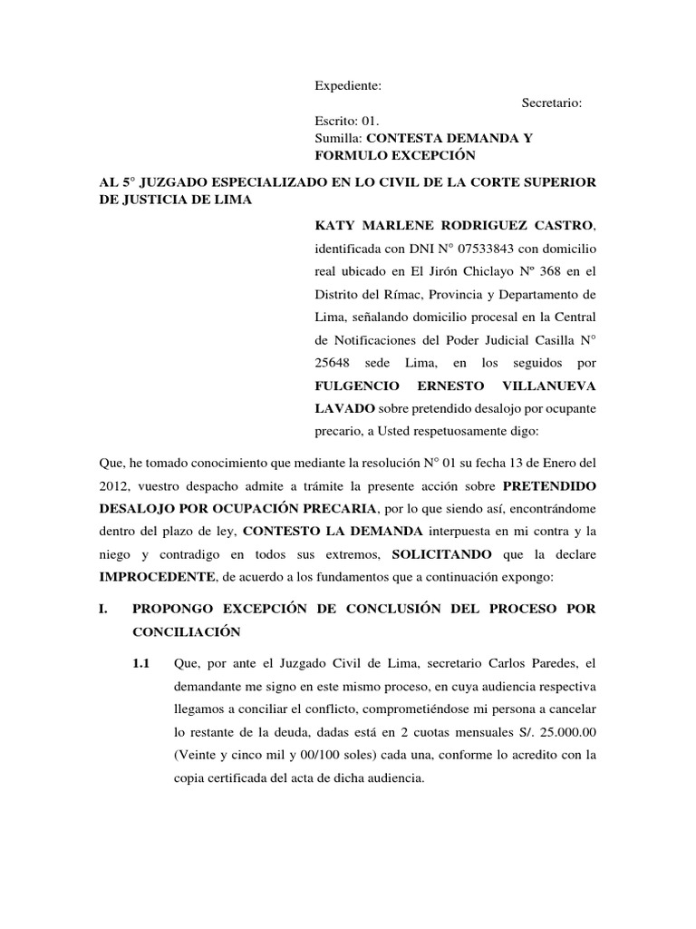Contestación de demanda y formula EXCEPCIÓN | Demanda judicial | Ley ...
