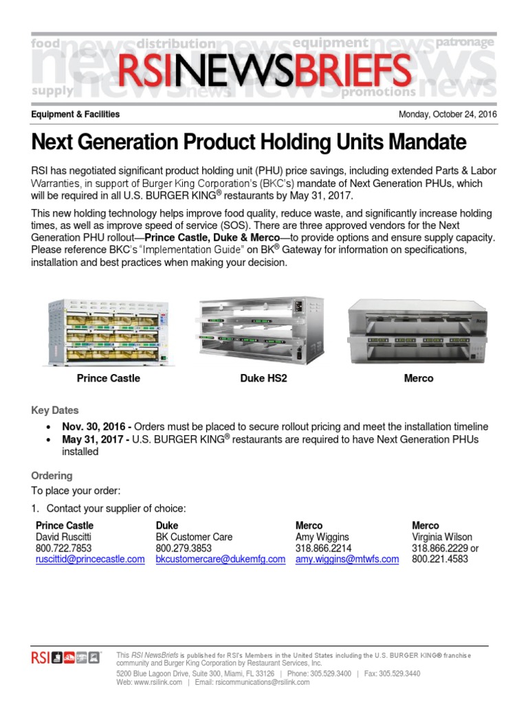 Next Generation Product Holding Units Mandate: Prince Castle Duke HS2 ...
