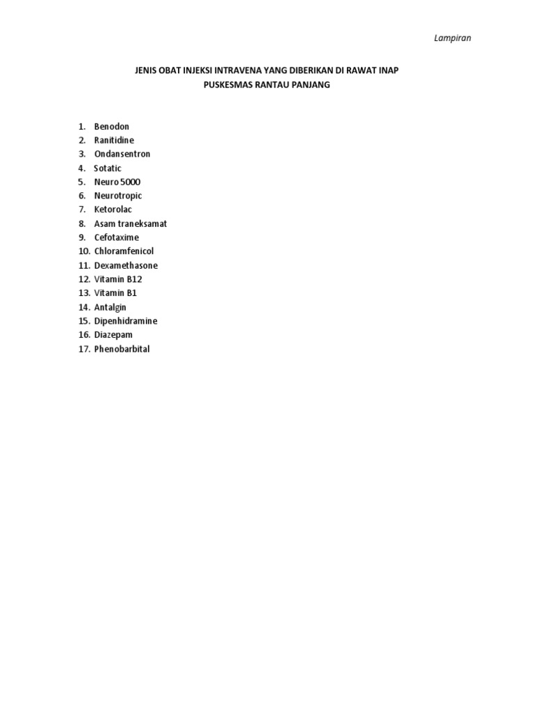 Jenis Obat Injeksi Intravena Yang Diberikan Di Rawat Inap | PDF