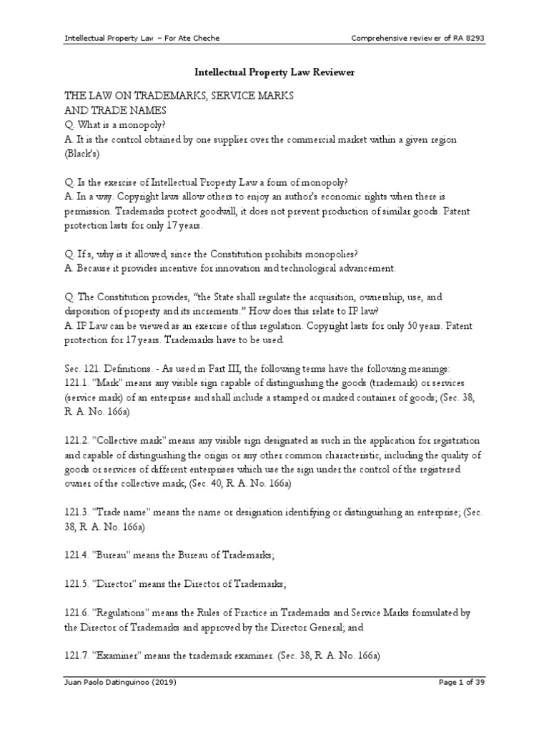 Intellectual Property Law Reviewer Guide | PDF | Trademark ...