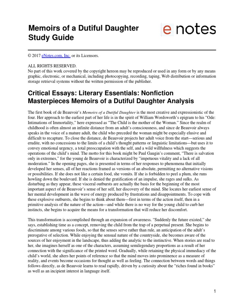 Enotes Memoirs Dutiful Daughter Guide PDF | PDF | Simone De Beauvoir ...
