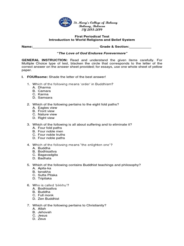 1ST Periodical Test - World Religions (2018-2019) | PDF | Gautama ...