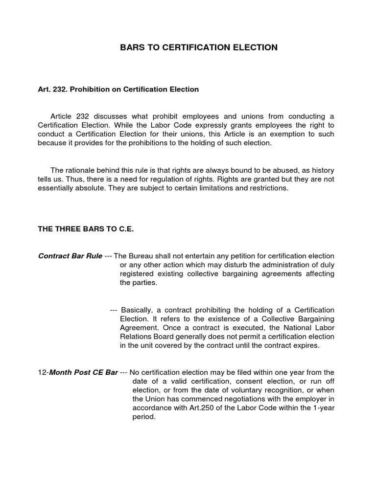 Bars To Certification Election | PDF | Collective Bargaining | Trade Union