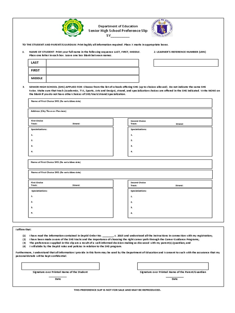 Senior High School Preference Slip PDF | PDF | Learning | Behavior ...
