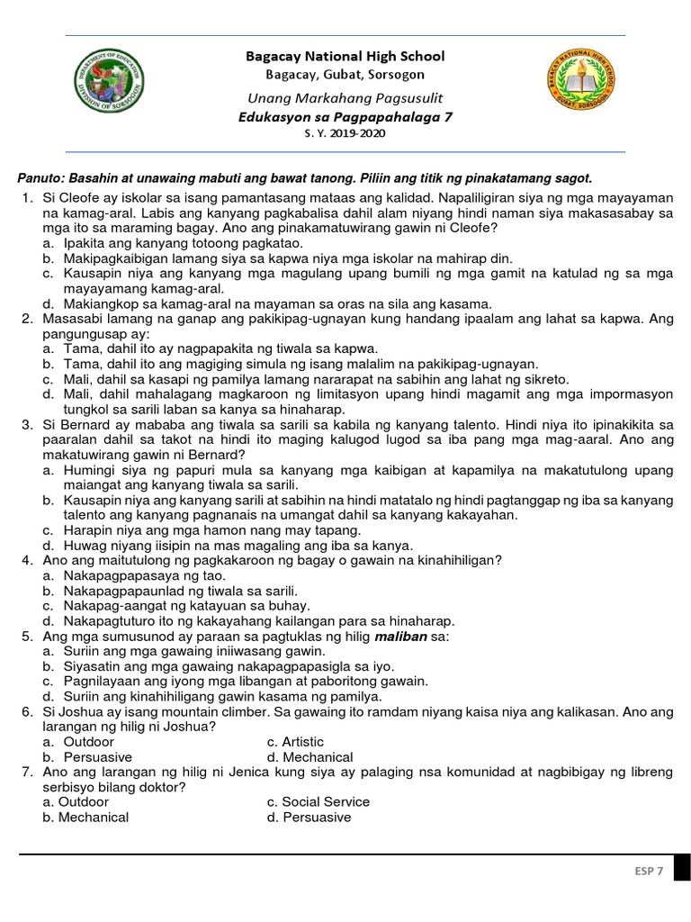 Esp Exam 2nd Quarter | PDF