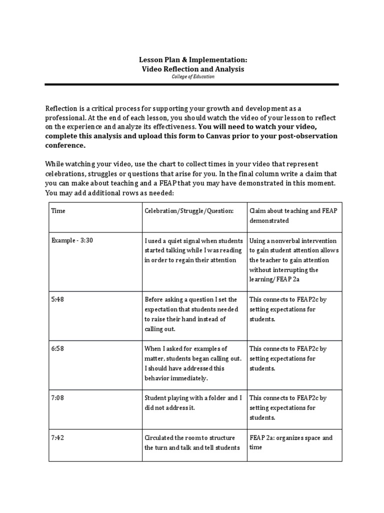 Lesson Plan & Implementation: Video Reflection and Analysis: College of ...