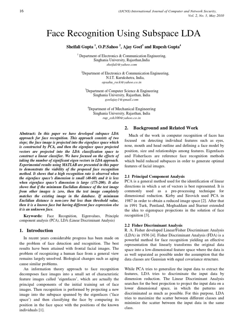 Face Recognition Using Subspace LDA: Sheifali Gupta, O.P.Sahoo, Ajay Goel and Rupesh Gupta ...