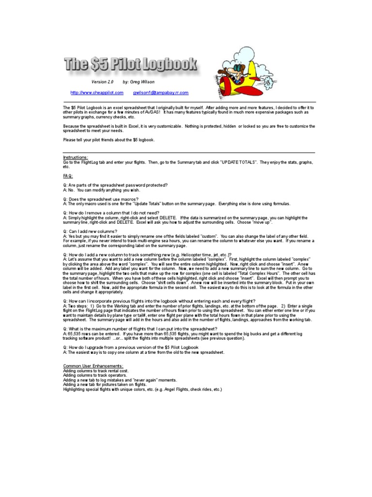 Pilot Flight Log | PDF | Microsoft Excel | Spreadsheet