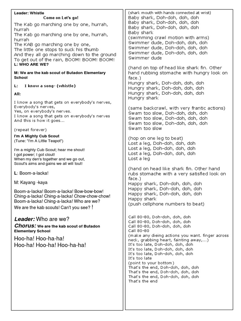 Leader: Who Are We? Chorus:: Leader: Whistle Come On Let's Go! | PDF ...