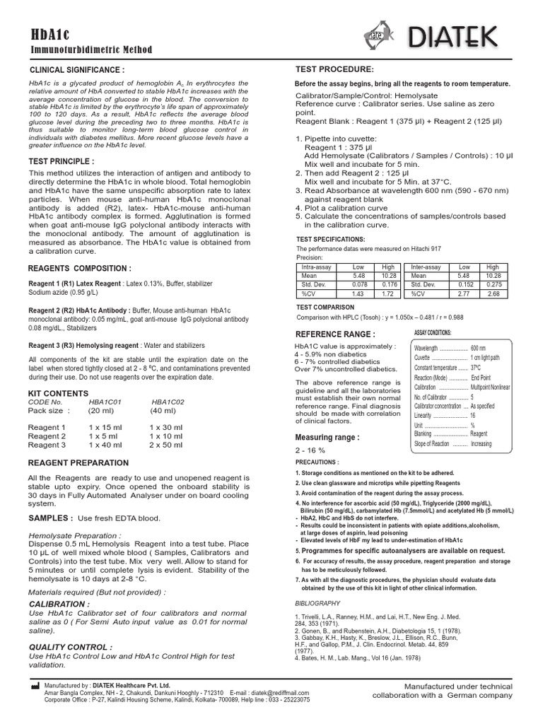 HBA1C Kit Insert Diatek | Download Free PDF | Glycated Hemoglobin ...