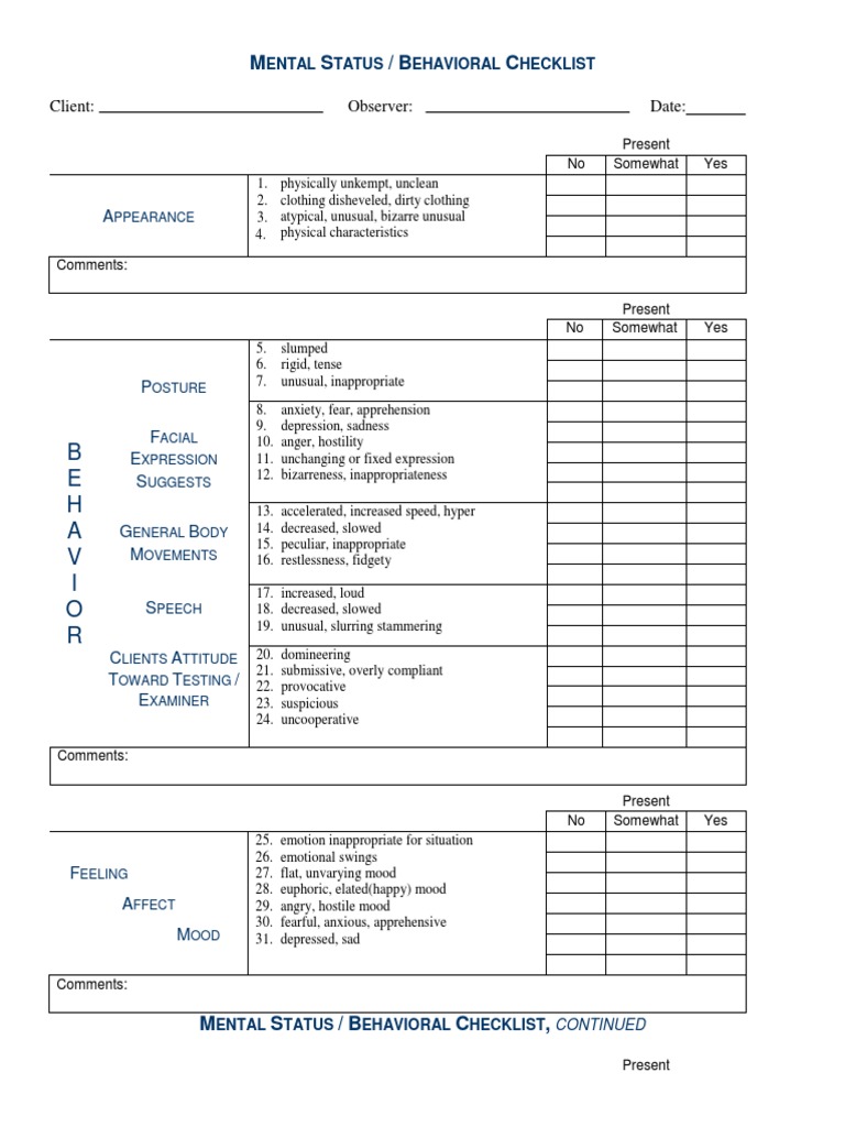 PLM AUG2012 Mental Status Behavioral Checklist | PDF | Mood (Psychology ...