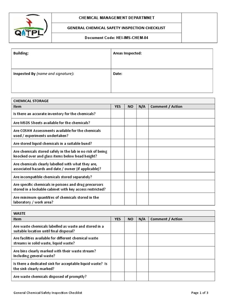 Chemical Safety Inspection Checklist | PDF | Laboratories | Prevention