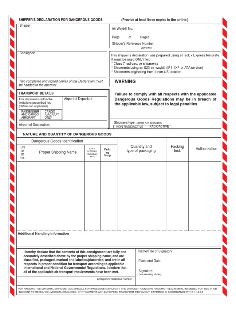 Declaration of Dangerous Goods for Air Transport | PDF | Dangerous ...