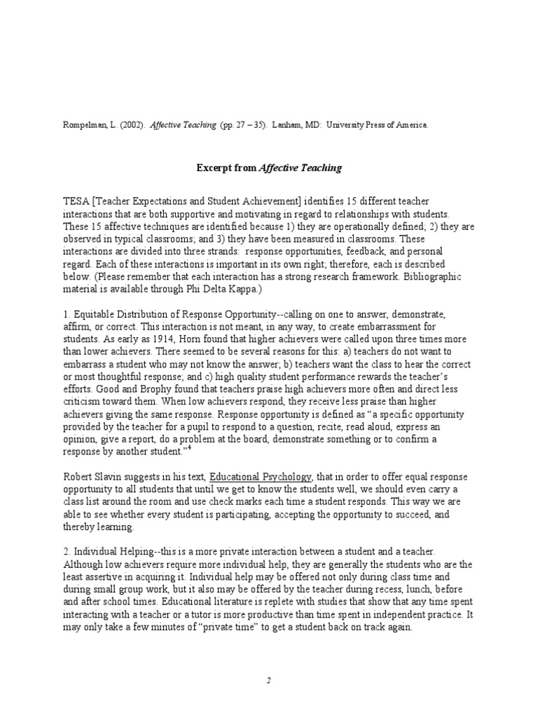 Affective Teaching Techniques for Student Success | PDF | Classroom ...