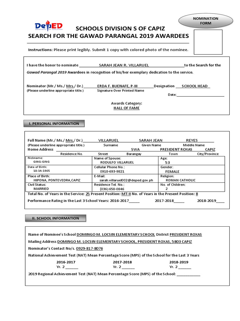 Gawad Parangal 2019 Nomination Form | PDF | Academic Degree | Academia