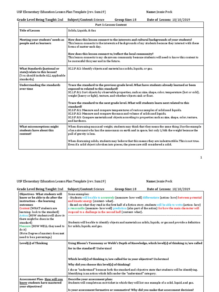 USF Elementary Education Lesson Plan Template (Rev. Sum19) | PDF ...
