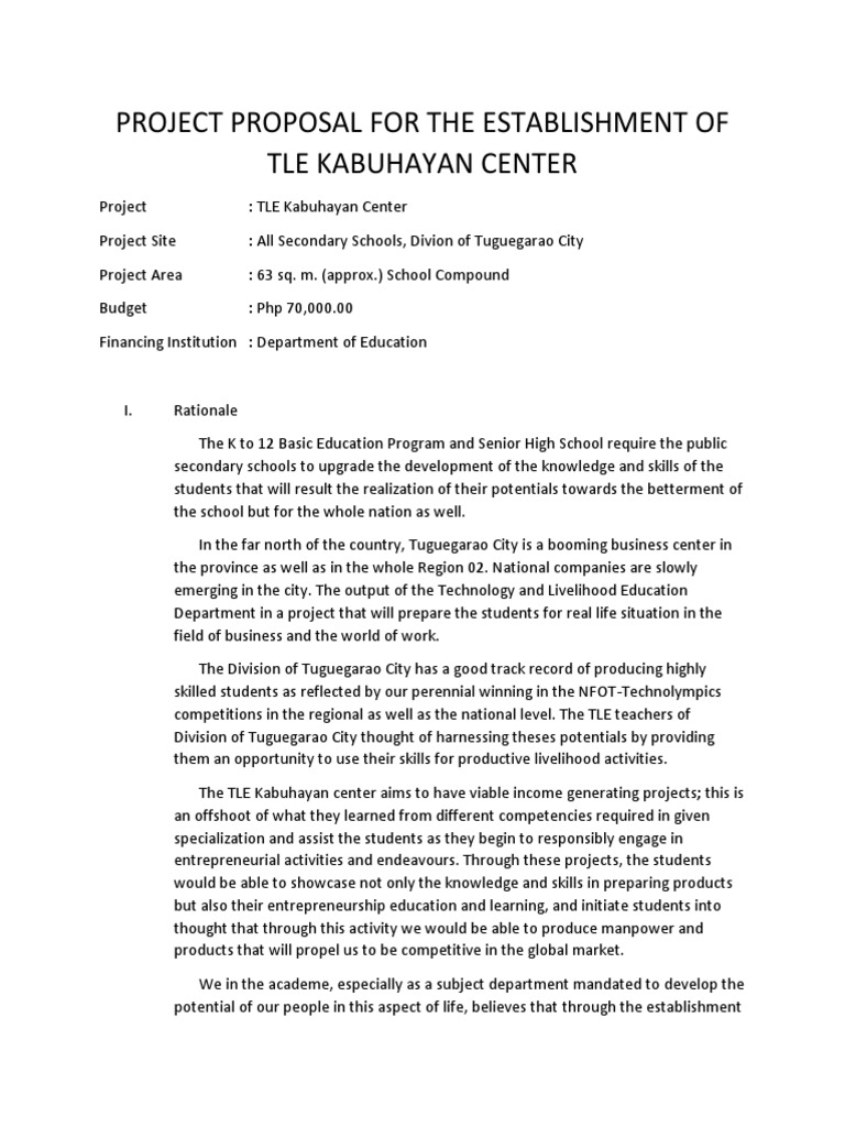 Project Proposal For The Establishment of Tle Kabuhayan Center | PDF | Entrepreneurship | Prices