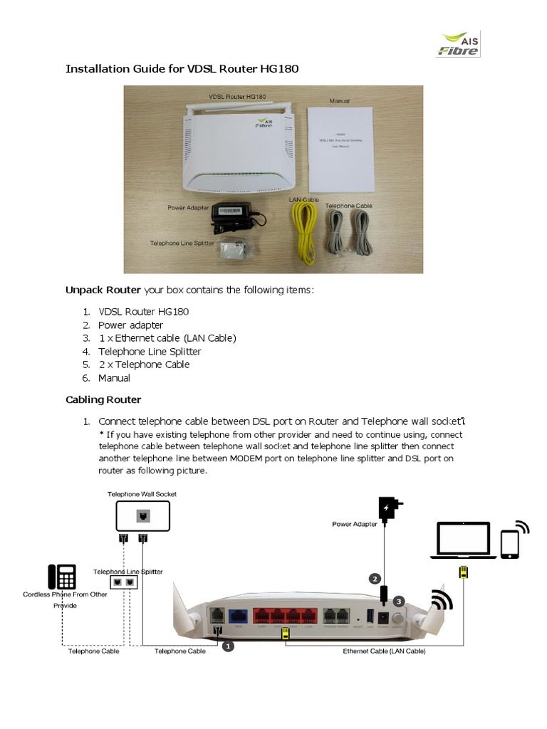 Installation Guide For VDSL Router HG180 | PDF | Wireless Lan | Digital ...