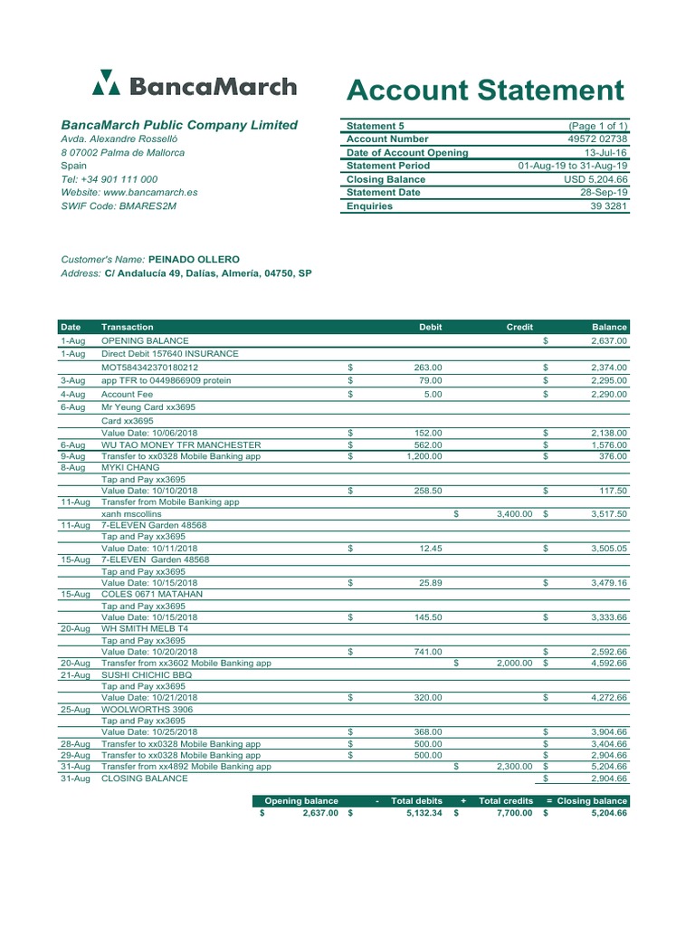 Bank Account Statement | PDF | Debits And Credits | Banks