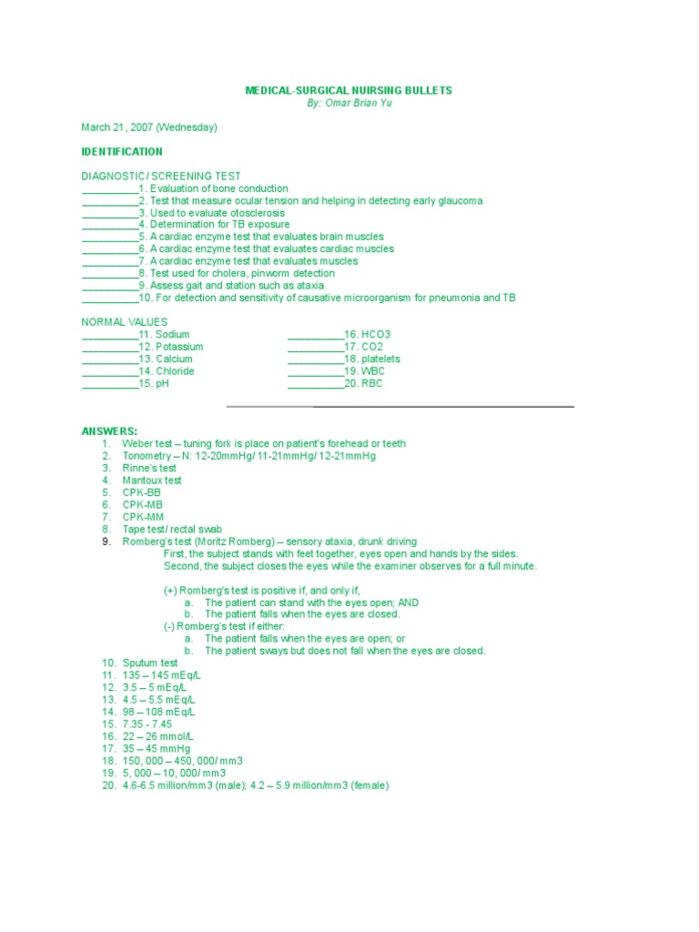 Medical-Surgical Nuirsing Bullets: By: Omar Brian Yu | PDF | Science ...