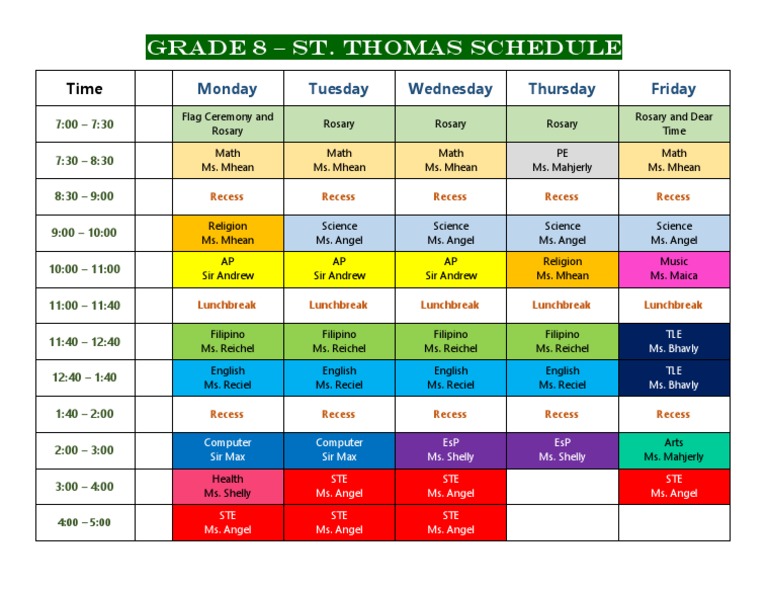 Grade 8 - St. Thomas Schedule: Monday Tuesday Wednesday Thursday Friday ...
