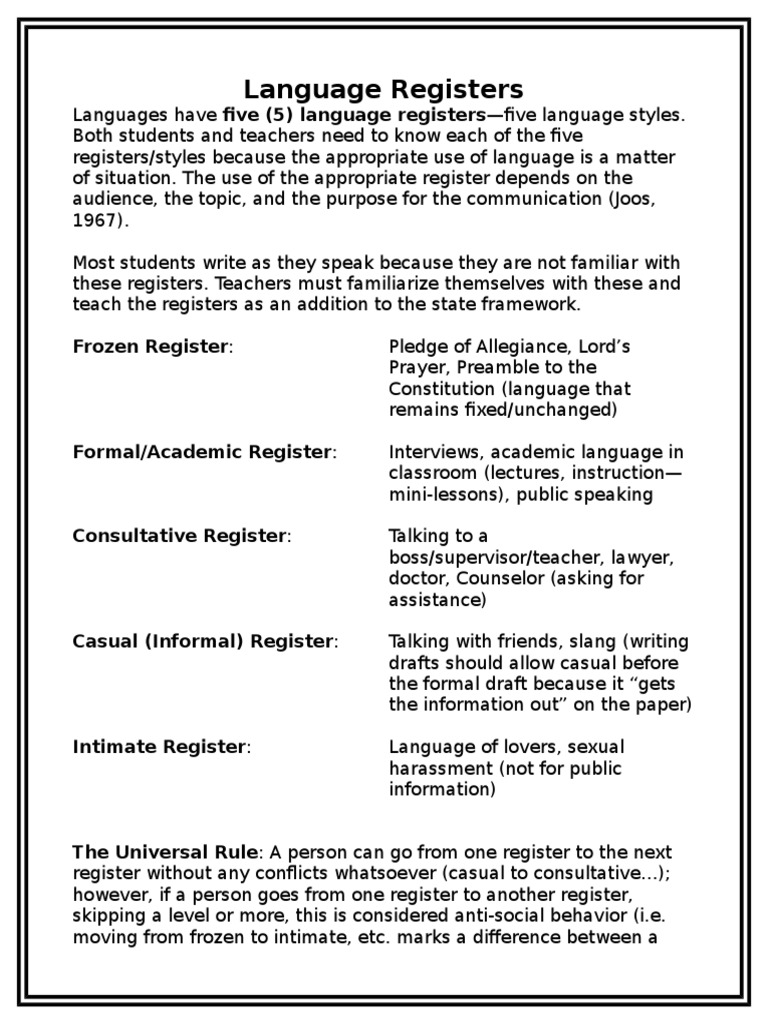 Language Registers Definitions Handout | PDF