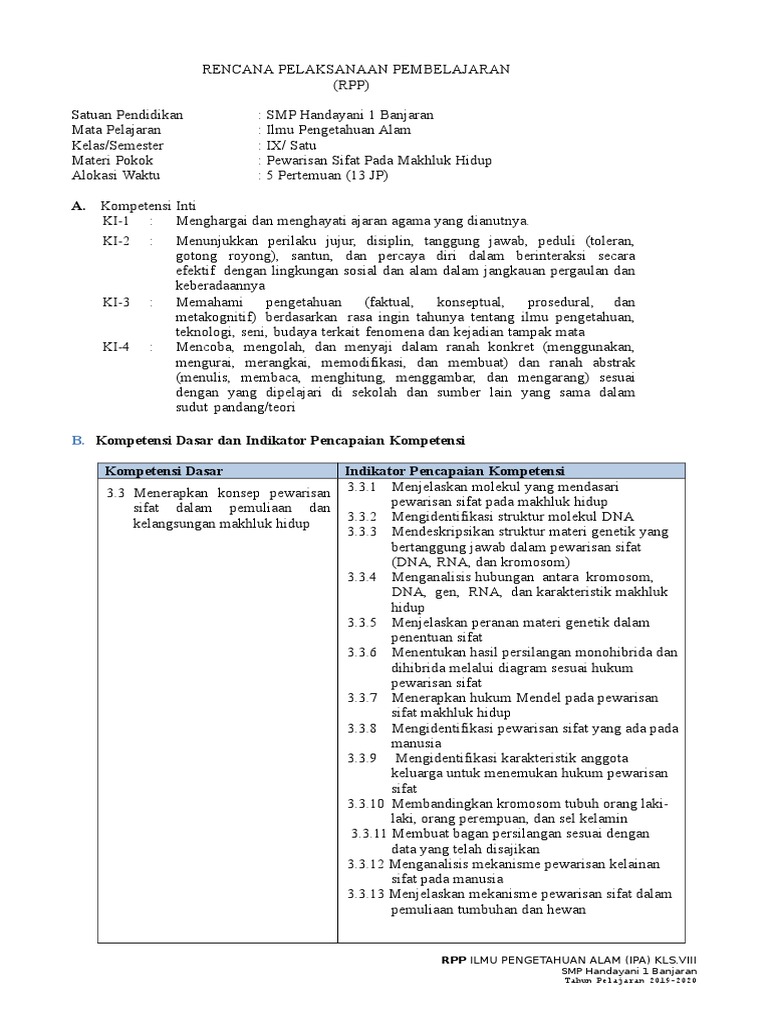 RPP IPA K9 - KD 3.3 Pewarisan Sifat Makhluk Hidup | PDF