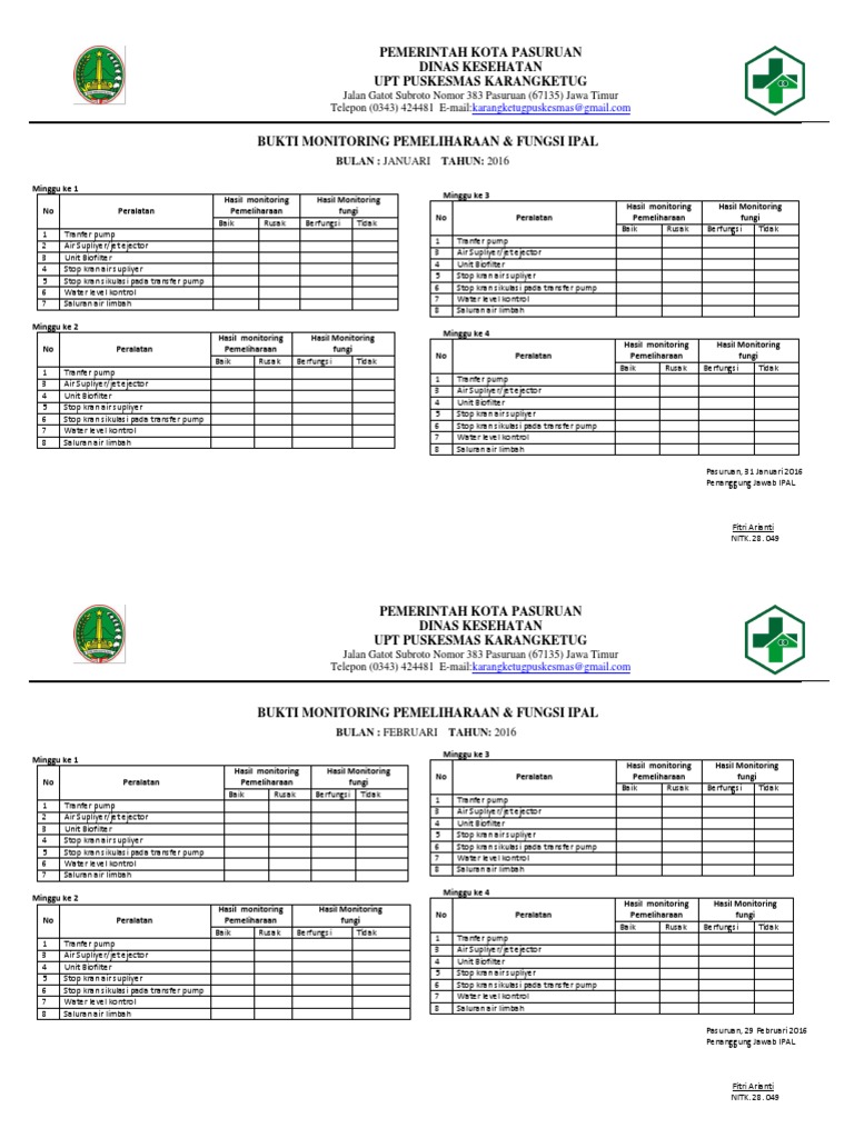 Checklist Pemeliharaan Ipal Tahun 2016 | PDF